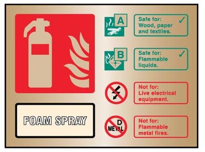 Foam Spray Extinguisher ID Brass 150x200mm Adhesive Backed Sign (UK ...